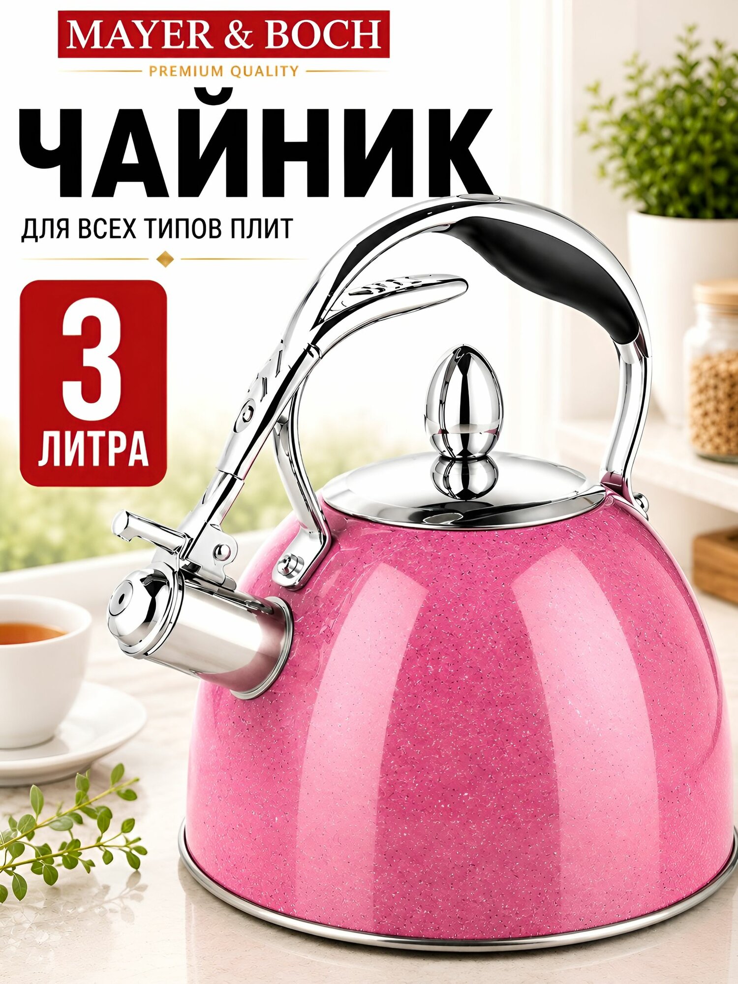 Чайник со свистком 3 л Mayer&Boch металлический из нержавеющей стали для газовой, электрической и индукционной плиты