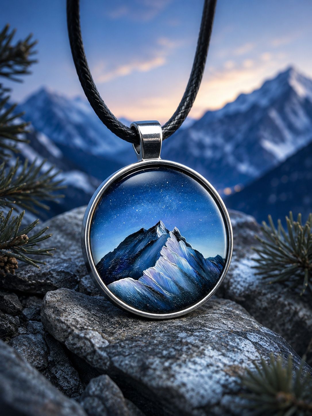 Круглый кулон горная вершина под звёздами