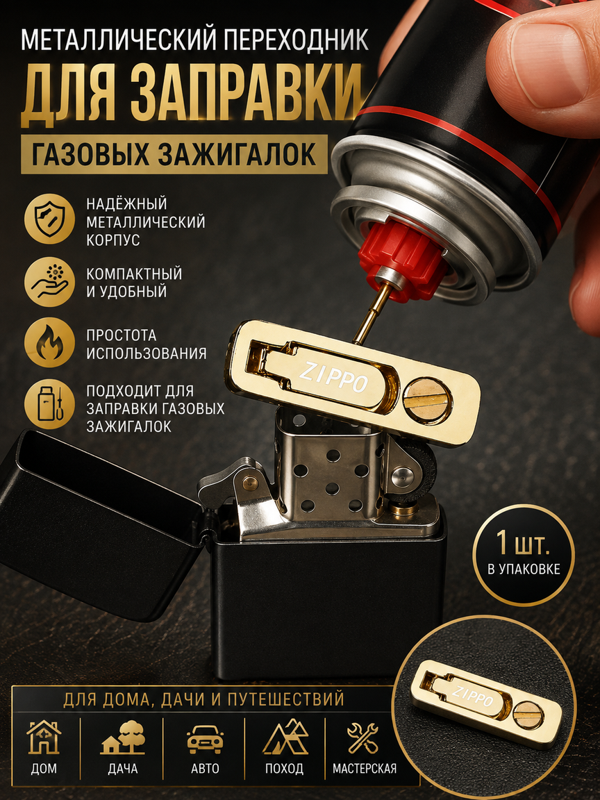 Металлический переходник для заправки газовых зажигалок, удобный адаптер, 1 шт. в упаковке
