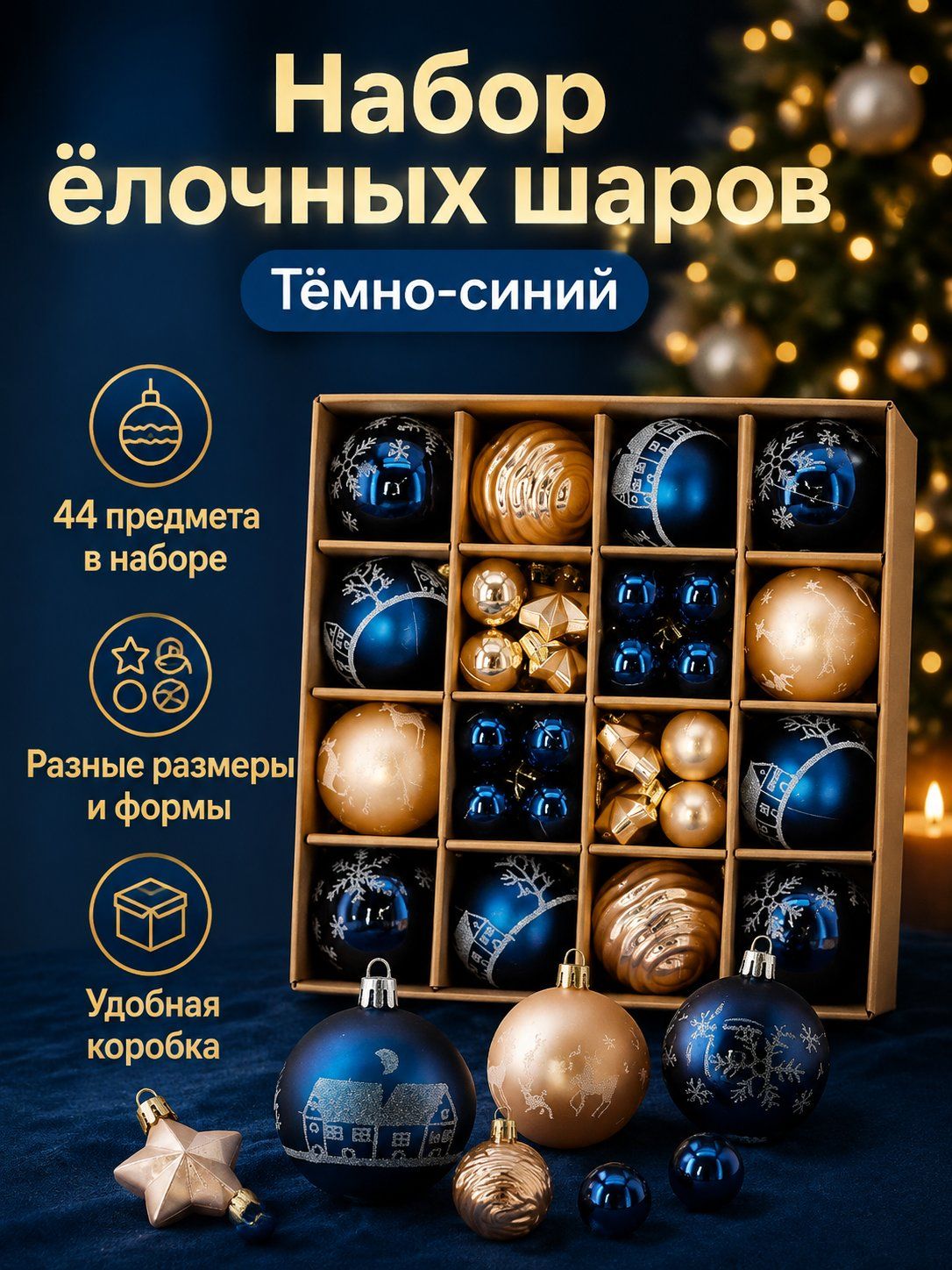Набор елочных шаров 44 шт, тёмно-сине-золотые подвески разных форм для елки и Нового года