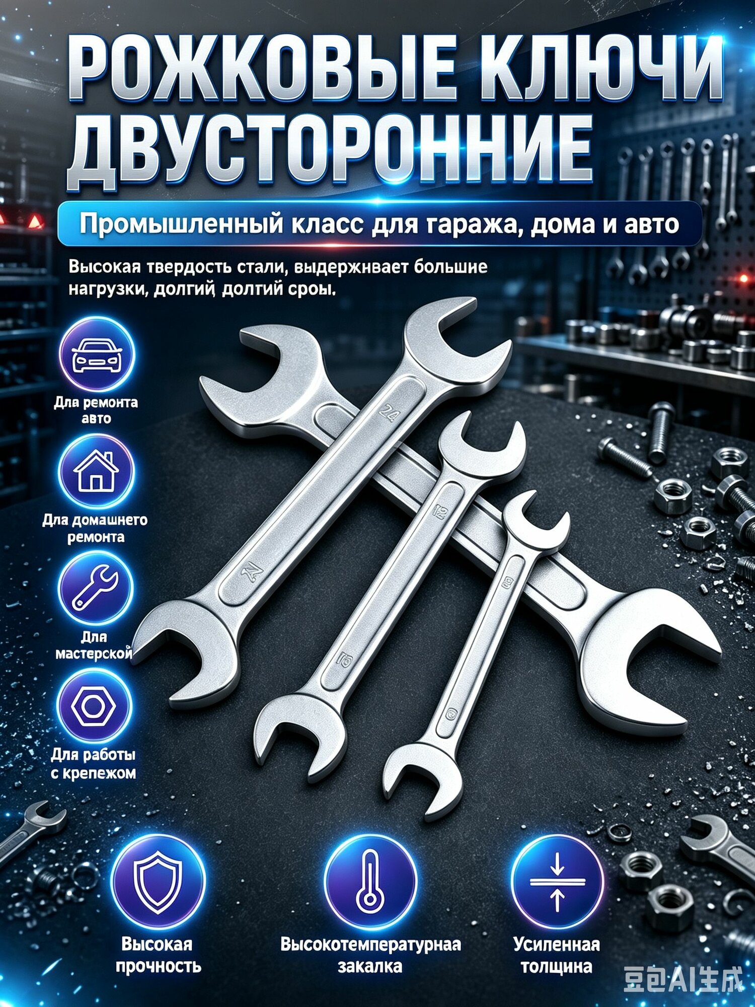 Гаечный ключ двусторонний рожковый 22х24 мм, промышленный, усиленный из углеродистой стали, для ремонта и монтажа