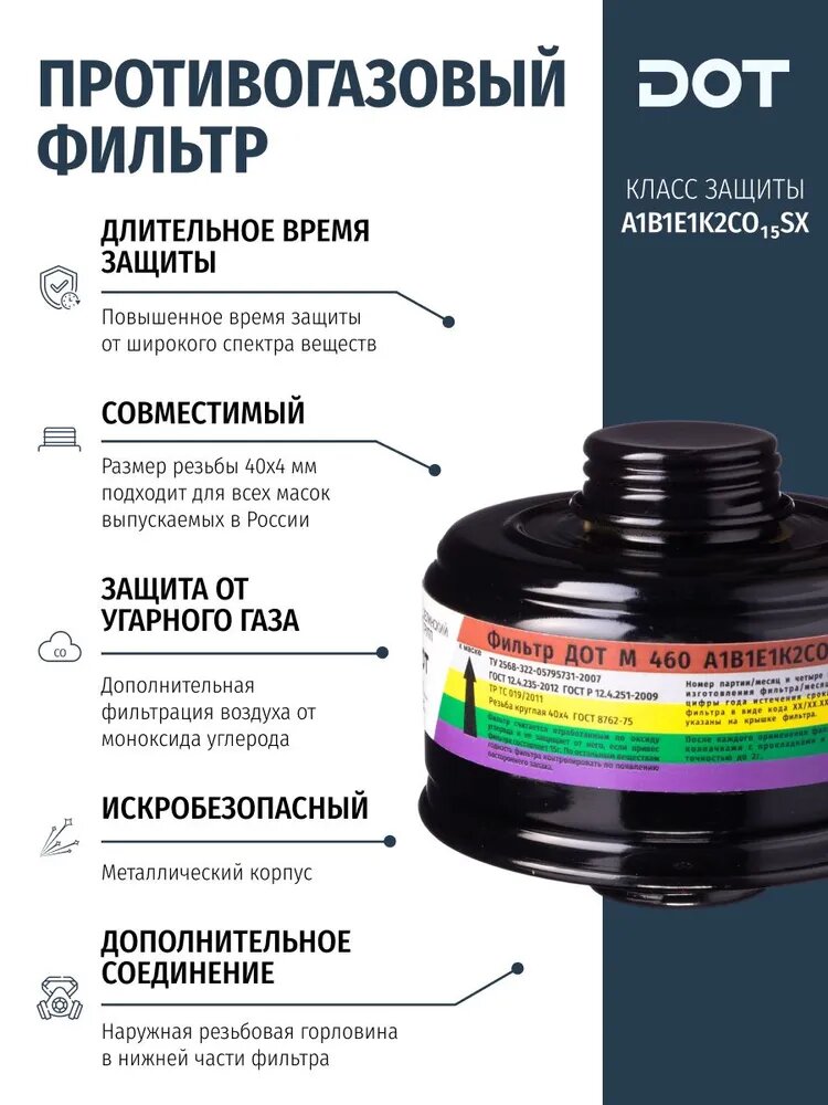 Фильтр противогазовый ДОТ М 460 А1В1Е1К2СО15SX от угарного газа для масок МАГ/ППМ