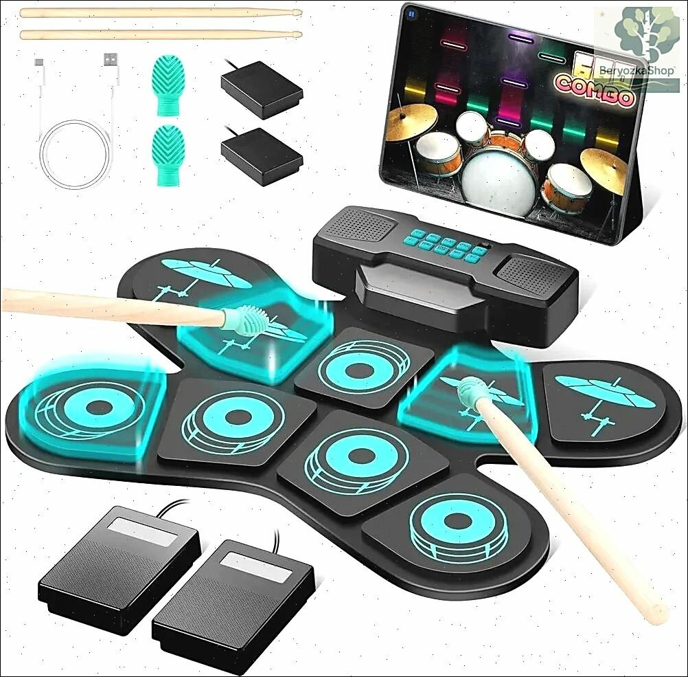 Гибкая ударная установка барабаны электронные с педалями и динамиками, Универсален для мобильных телефонов и компьютеров, может использоваться в качестве MIDI-устройств