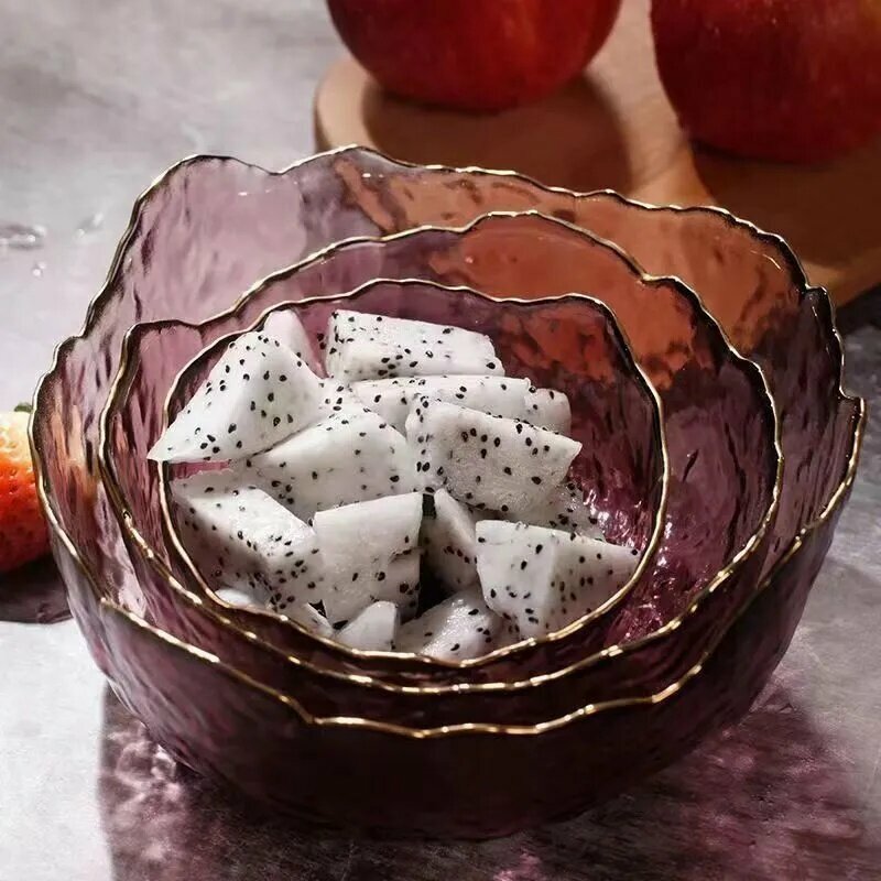 Японские стеклянные миски с клепкой и золотой каймой, прозрачные, для фруктов и салата, набор из 3 шт