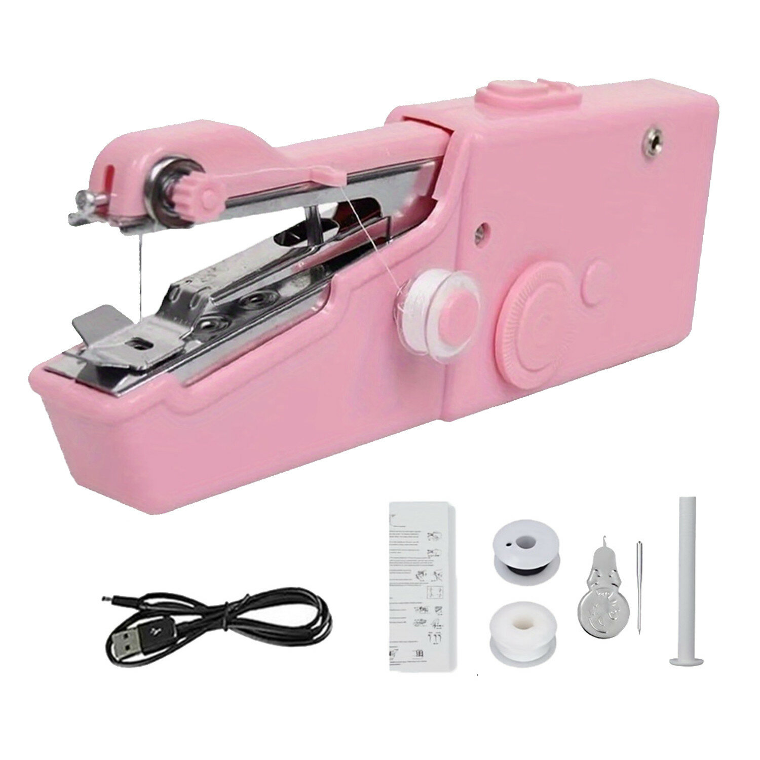 Переносная ручная швейная машина Мини-ручная швейная машина для начинающих и взрослых Материал: пластик + нержавеющая сталь Цвет: белый/черный/розовый Тип: однос нитка Шов(мм): 2.4±0.3 Скорость иглы/МИН: 600±50 Источник питания: 4 * 1.5V батарейки АА или