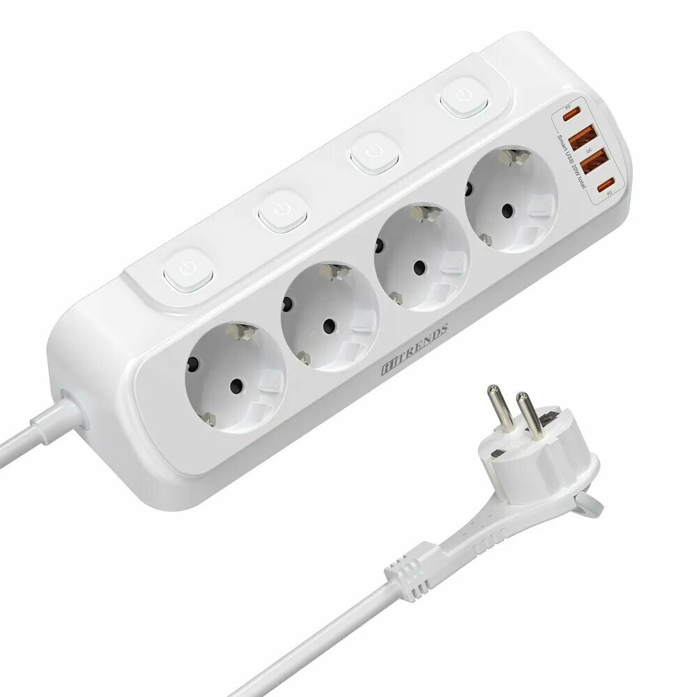 HITRENDS Сетевой фильтр, угловая розетка с разъемами 4AC, 2Usb и 2Type-C, независимый выключатель, с выдвижным кольцом, кабель 1,5 мм2 (2 м), белое