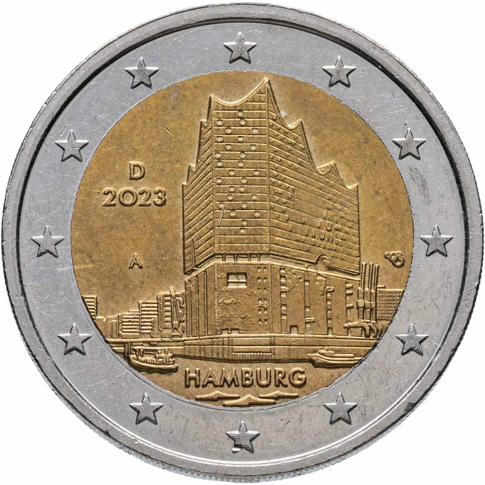 Германия 2 евро 2023 "Гамбург, Эльбская филармония" Двор A, Биметалл, в сохранности XF-AU