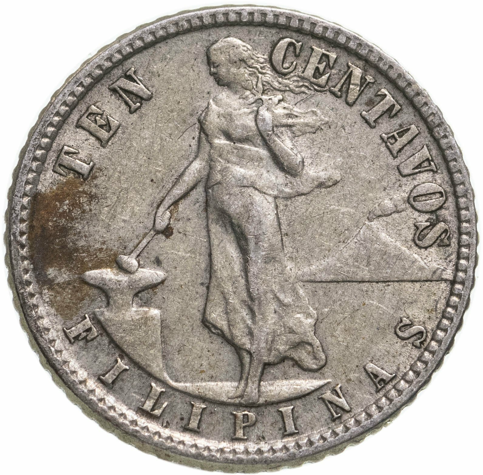 Филиппины 10 сентаво centavos 1944, Серебро 750, в сохранности XF