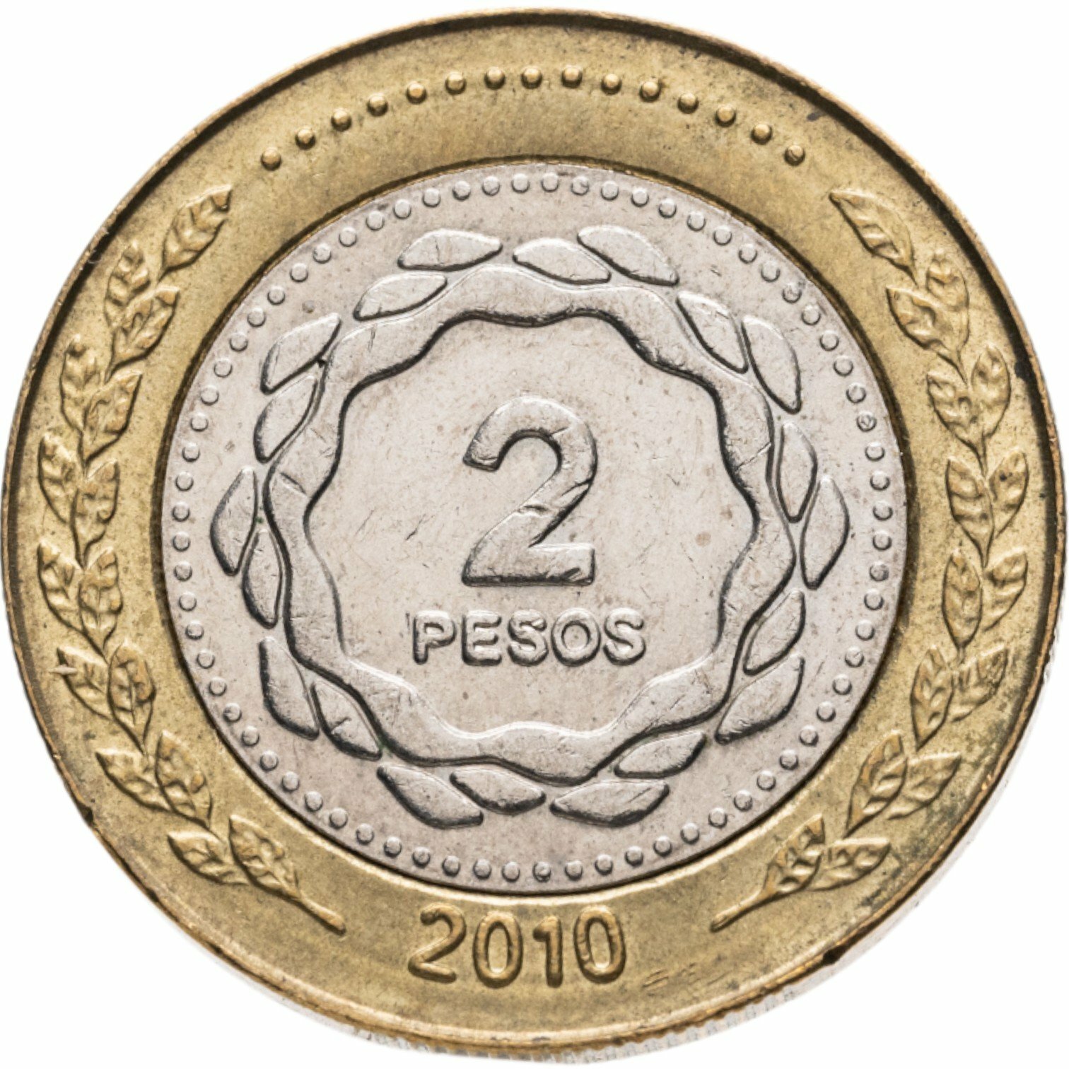 Аргентина 2 песо 2010, Биметалл, в сохранности AU-UNC