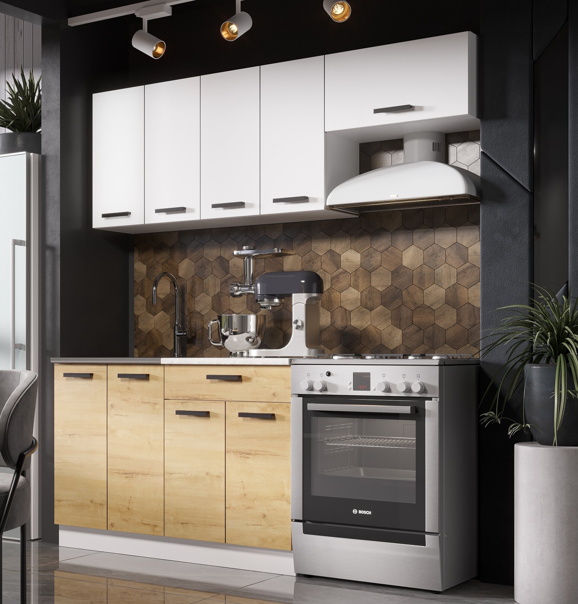 Кухня Хозяюшка 1,2м + ГАЗ 600 (столешница в к-те Калаката), Белый/Дуб вотан