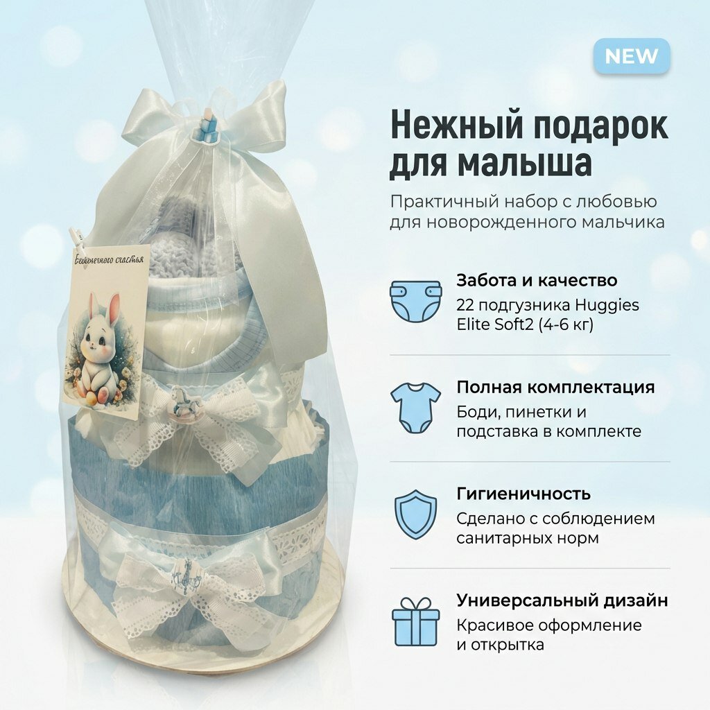 Торт из памперсов на выписку голубой Кр