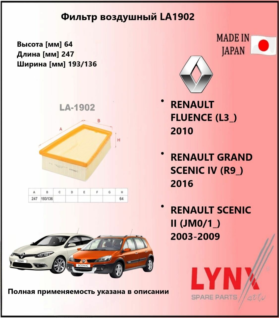 LYNXauto Фильтр воздушный рено гранд сценик 4 / RENAULT GRAND SCENIC IV (R9_) 2016- LA1902