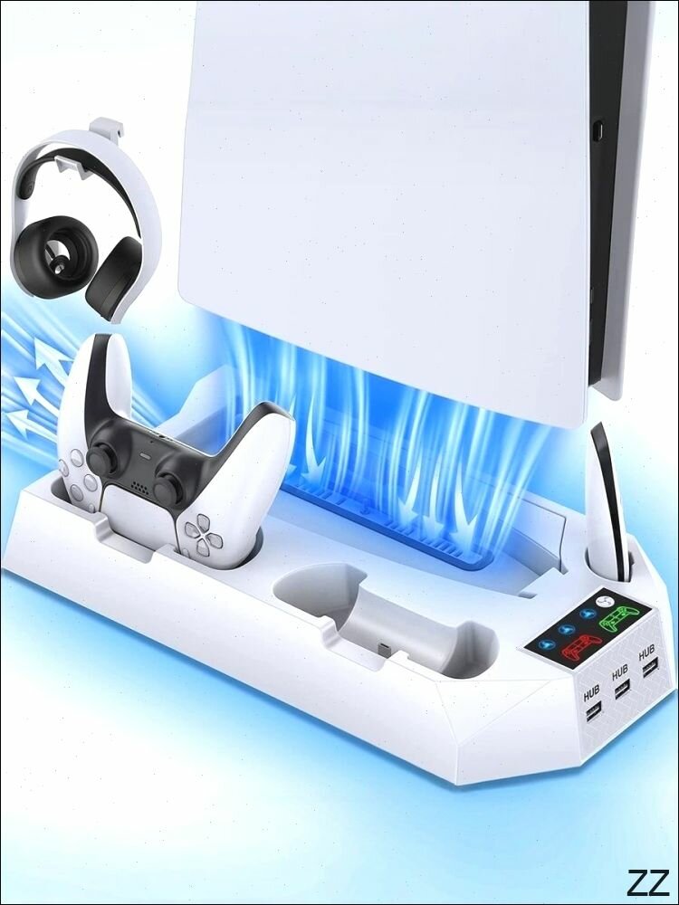 Подставка для игровой приставки PS5 DISC EDITION / DIGITAL EDITION с охлаждением. Зарядная станция док - станция для геймпадов SONY PlayStation 5 DualSense. Охлаждающая подставка с зарядкой. Белый
