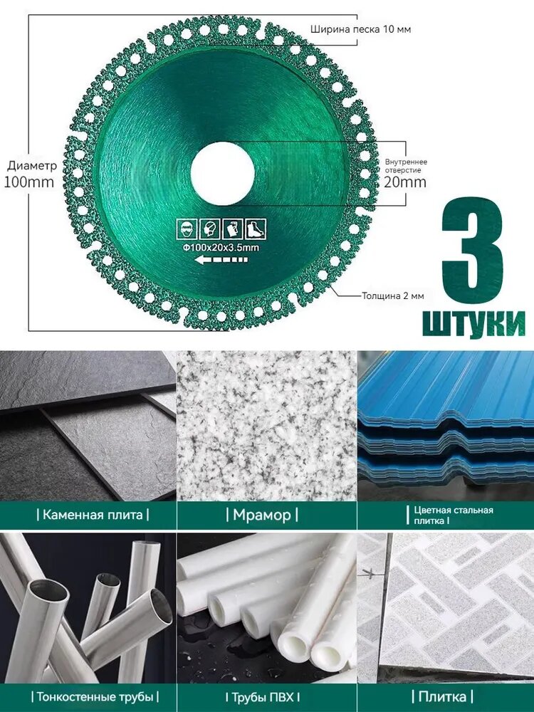 Круг отрезной для стекла 101x2x22 мм, Композитный материал, 3 шт, Быстрый сухой рез, Темно-зеленый, Китай