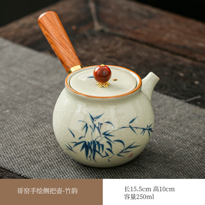 Чайник Ge Kiln с ручной росписью, ритм лотоса, деревянная ручка, боковая ручка, чайник для кунг-фу, домашний легкий роскошный ретро, может быть поднят, открытая часть глазури, антиожоговый чайник
