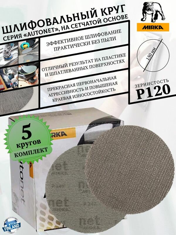 Круг шлифовальный MIRKA "AUTONET", Р120, сетчатый, 150 мм, комплект 5 шт