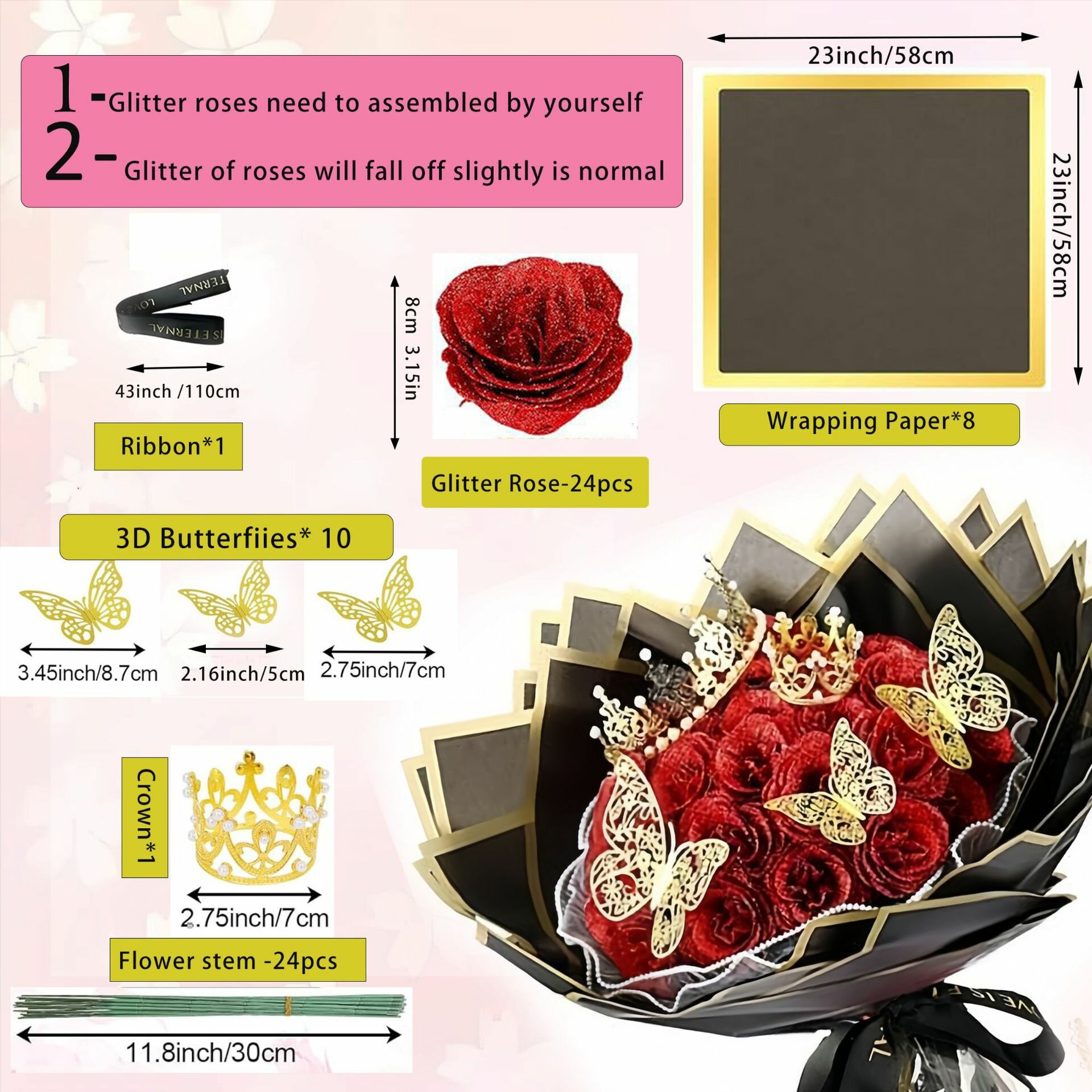 Блестящие розы, 3D-бабочки, корона, 24-36 штук, золотой блестящий букет, искусственные розы, бумага для упаковки своими руками, искусственные цветы на Хэллоуин.