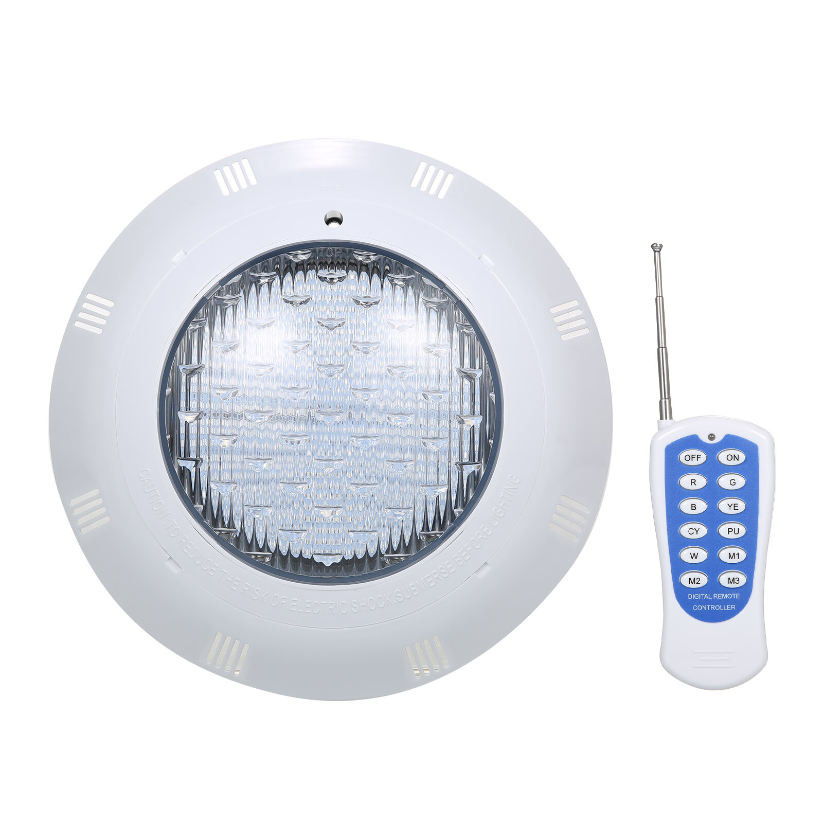 Аккумуляторная лампа для бассейна LED RGB AC12V 45W с функцией изменения 7 цветов, водонепроницаемая IP68, с пультом дистанционного управления, материал корпуса ABS и+PC, количество светодиодов 460, длина кабеля 1,5 метров, размер 29,2*29,2*7,2 см, белый