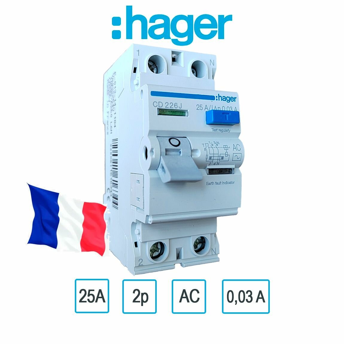 УЗО 25 A, 30 mA, 2P, тип AC, Hager, CD226J