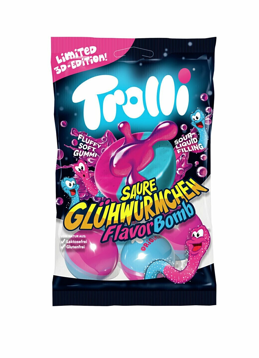 Мармелад Trolli Sour Glowworms FlavorBomb /Тролли Кислые светящиеся червячки 75г