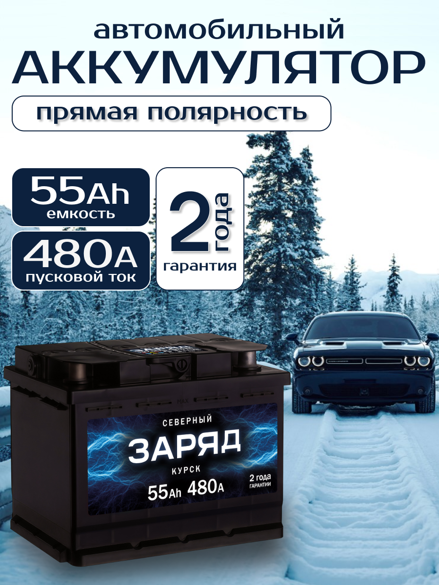 Аккумулятор автомобильный Северный заряд 55Ah 480А прямая полярность (242x175x190)
