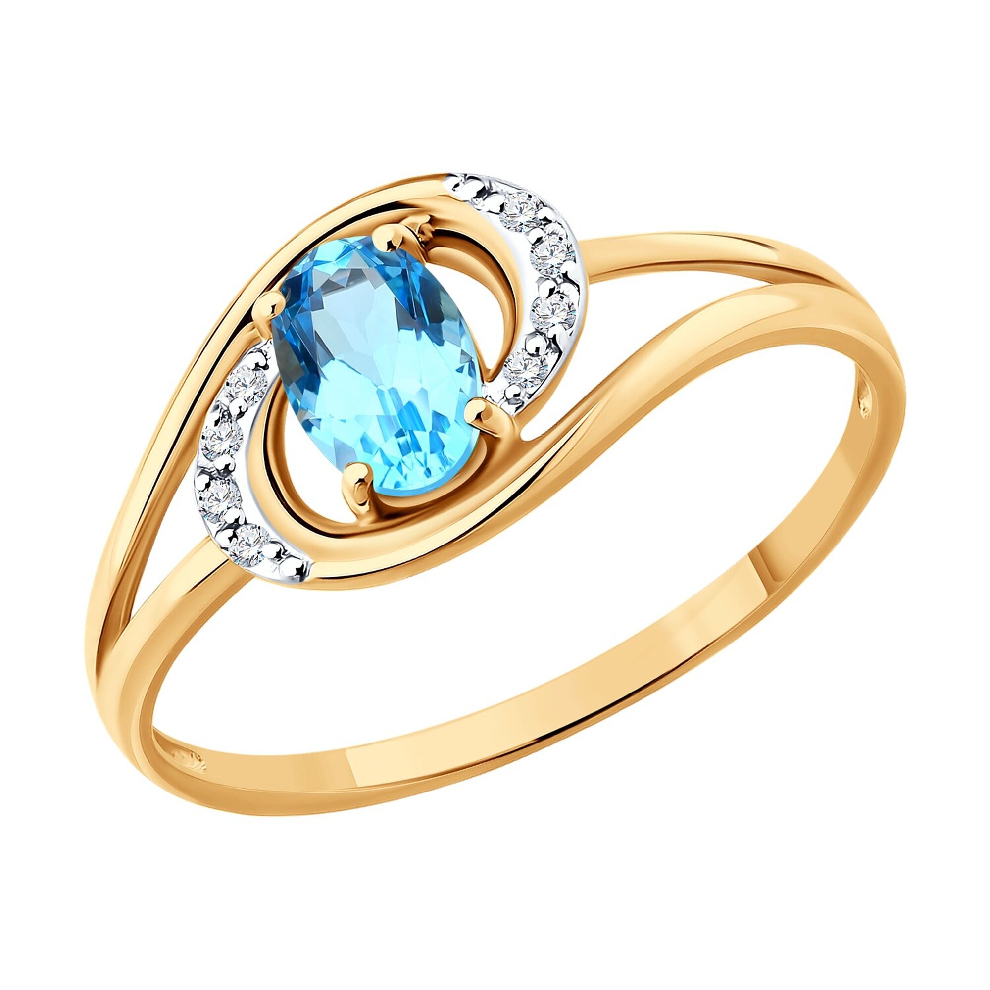 Кольцо, красное золото, 585 проба, фианит, топаз