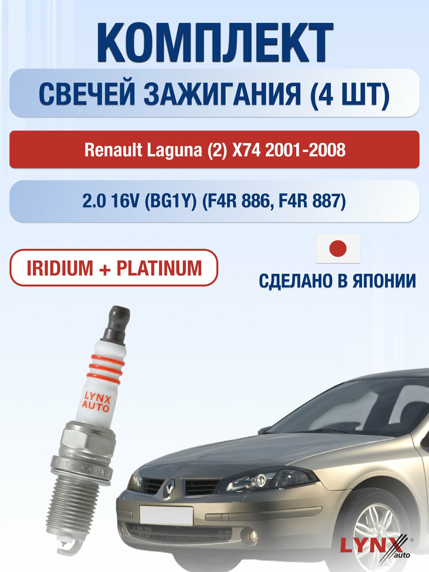 Свечи зажигания на Renault Laguna (2) X74 2001-2008г./ комплект 4 шт. Двигатель 2.0 16V (F4R 780) SP-429/ LYNXauto