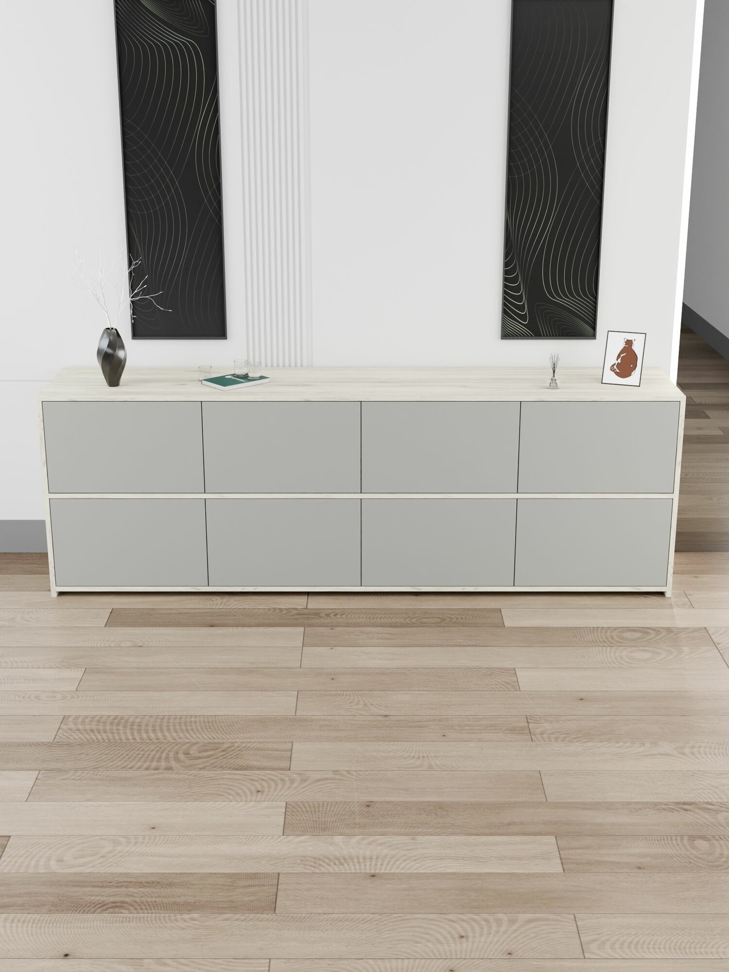 Изумлит Комод для белья и одежды Каллисто 200х66.8х40 см, дуб крафт белый/шиншилла серая