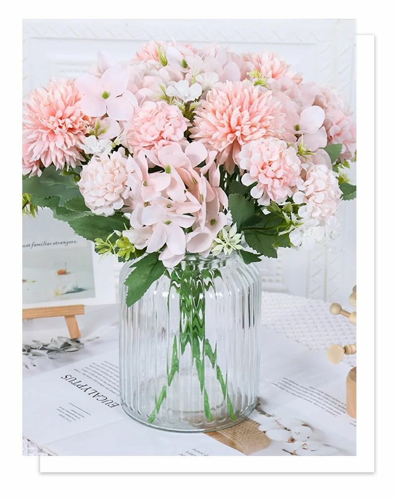 Искусственные цветы для декора на пасху мини букет гортензия и хризантема 2 букета персиковые