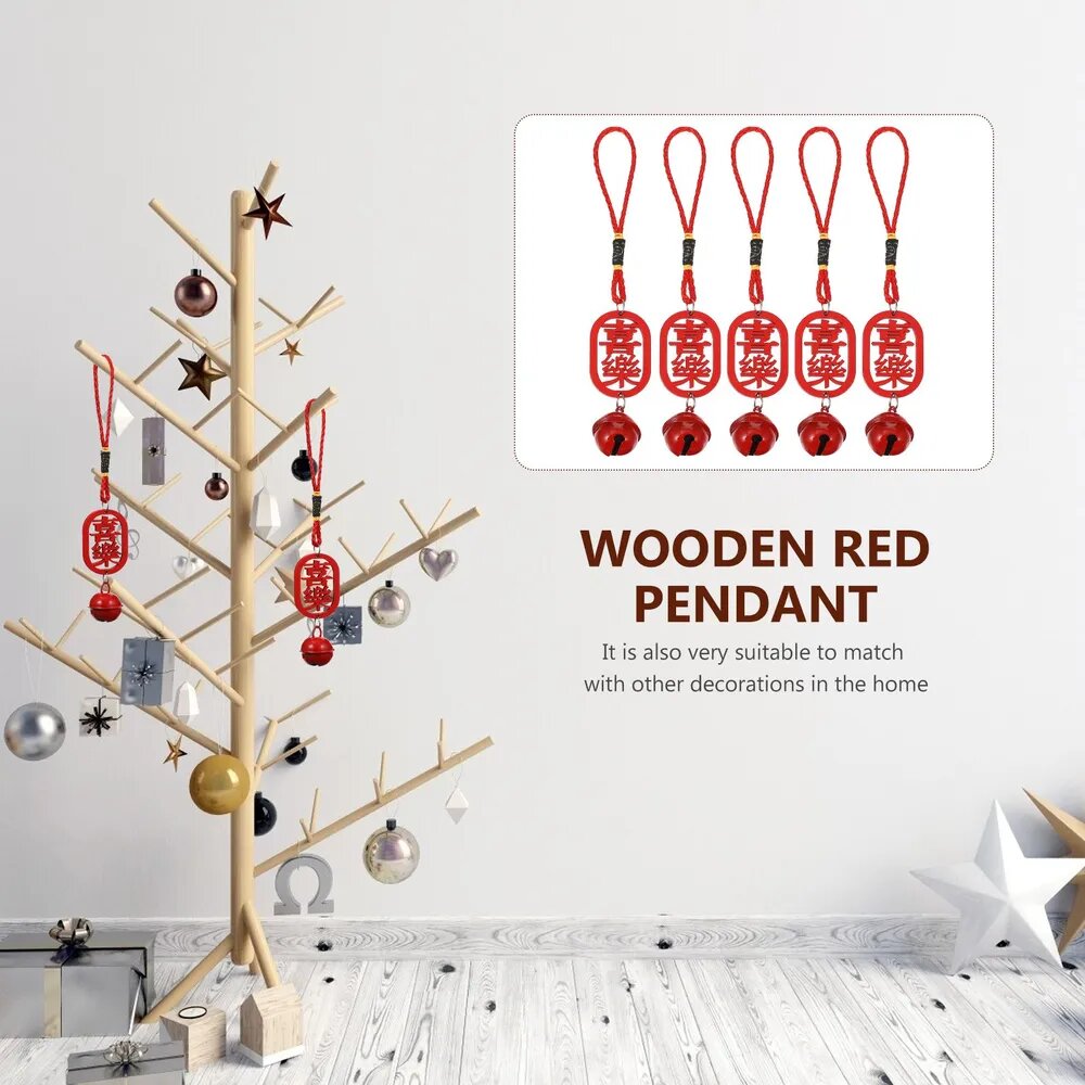 Набор из 5 деревянных красных подвесок с иероглифами для праздничного декора
