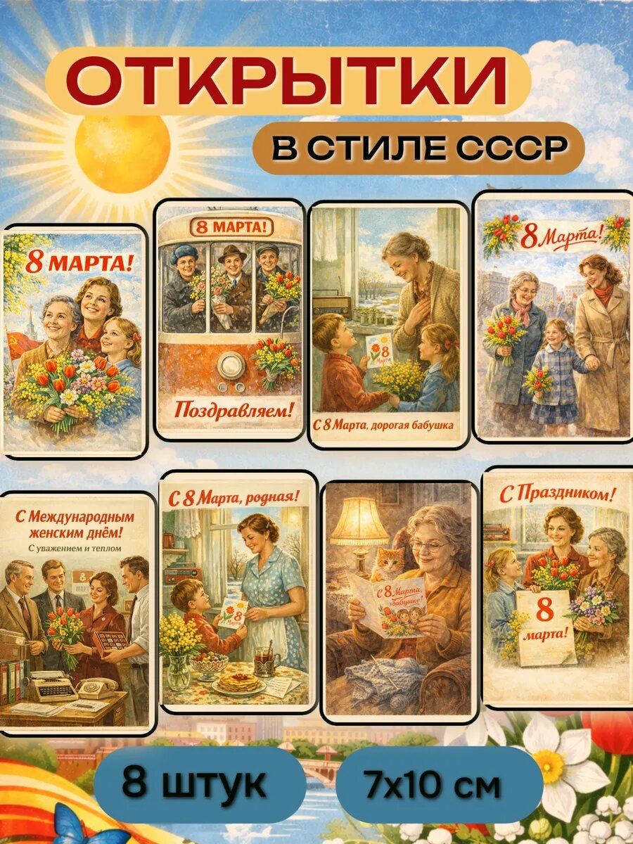 Набор мини открыток к 8 марта в стиле СССР 8 шт 7х10 см