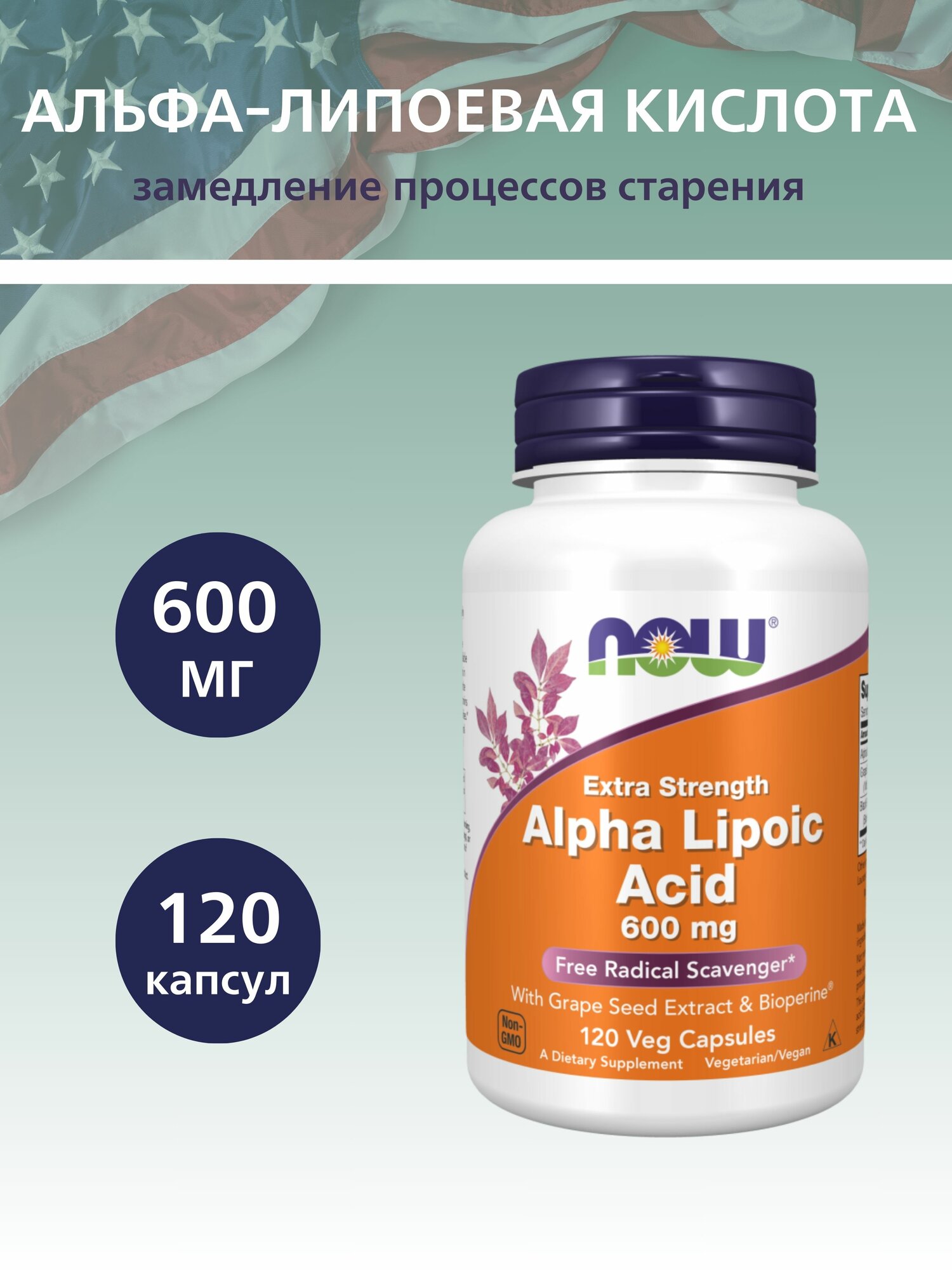 Альфа-Липоевая Кислота 600 мг, Alpha Lipoic Acid 600 mg - 120 капсул