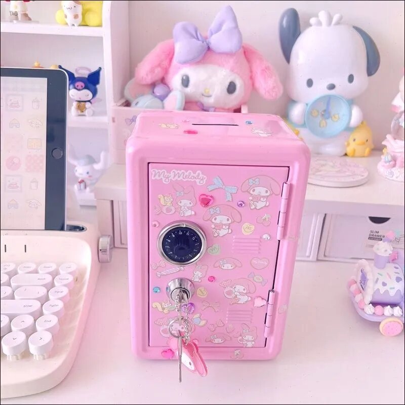 Розовая копилка сейф для денег My Melody 12х18 см с ключом, брелоком и наклейками для девочки