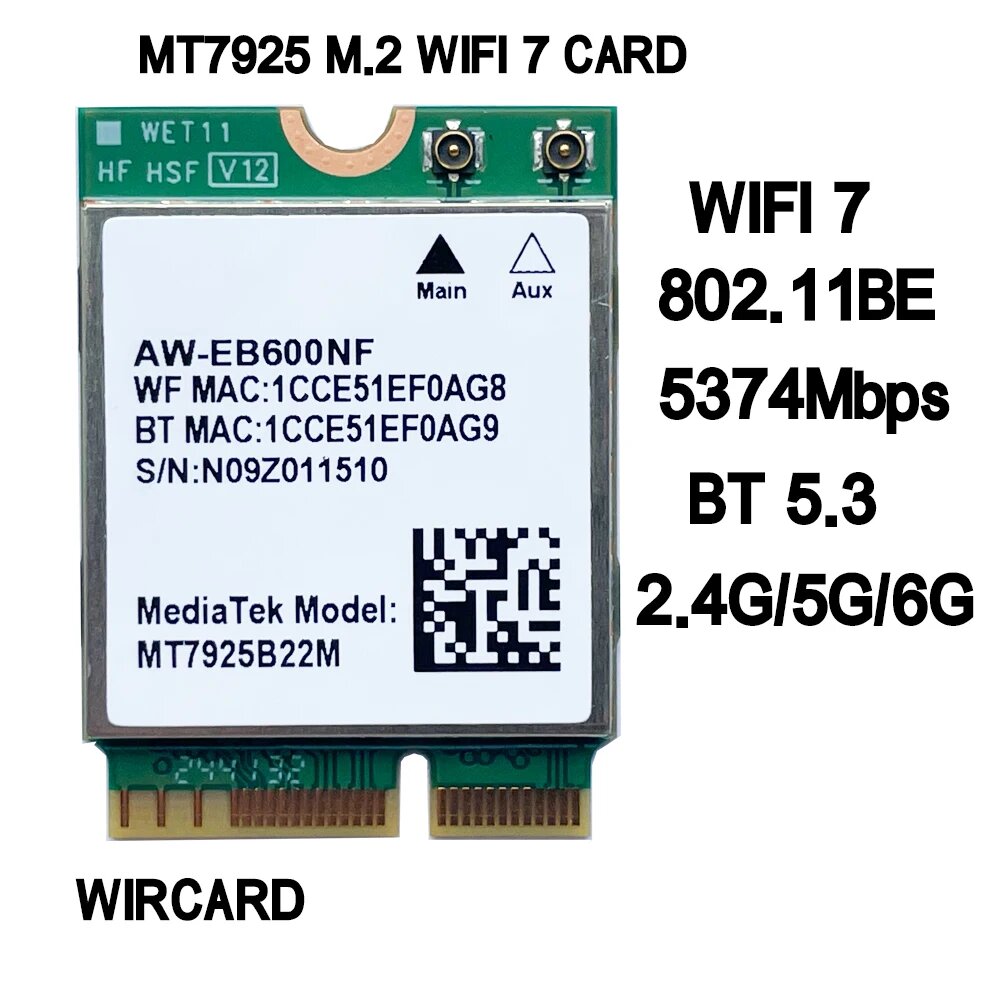 Сетевая карта Wi-Fi 7 MT7925 Bluetooth 5.3 M.2 NGFF Беспроводной адаптер 5400 Мбит/с Трехдиапазонная карта 2,4G 5G 6 ГГц Wi-Fi7 Lan Card для Win 10/11