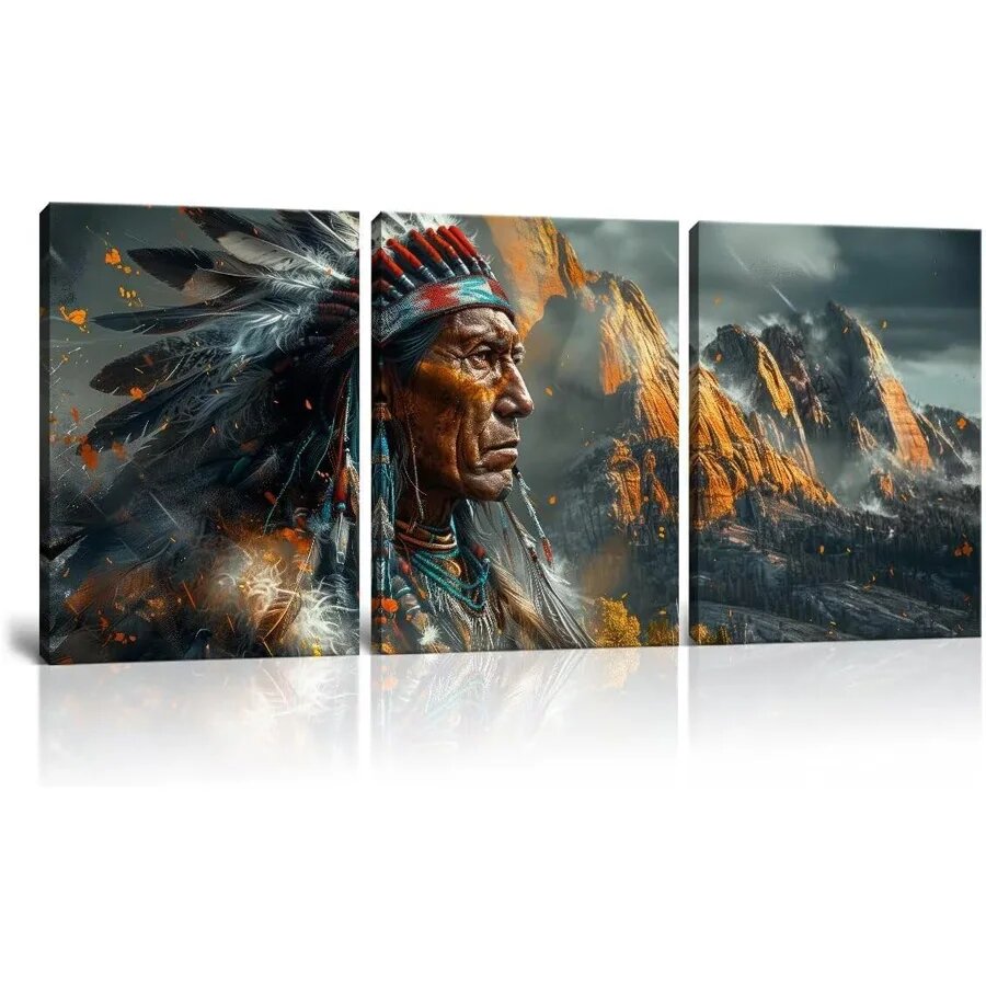 Алмазная живопись Laixiaoli "Американский индийский вождь", набор для триптиха round 40x50cmx3pcs