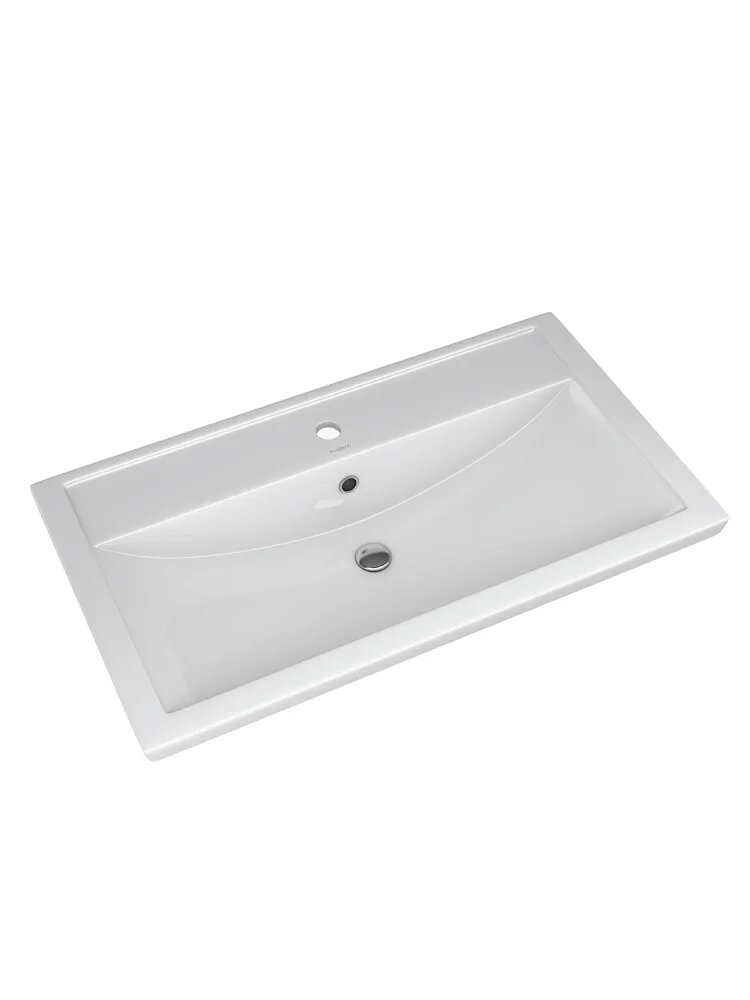 Мебельная раковина Kirovit Фостер 80 накладная, фарфоровая, со встроенным сливом-переливом, белая, раковина для ванной, прямоугольная