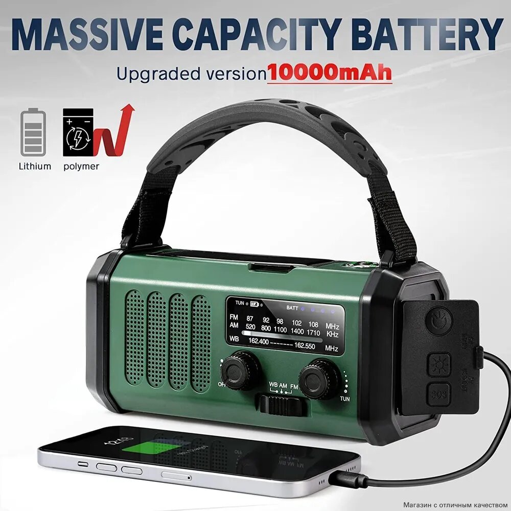 Фонарь аварийный портативный, радиоприемник, аккумулятор 10000mAh для зарядки телефона в чрезвычайных ситуациях — фото 1
