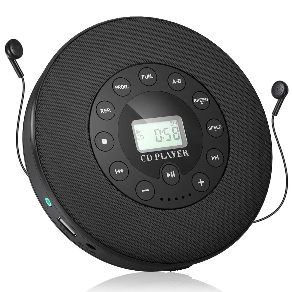 CD-плеер портативный с Bluetooth и CD, черный, воспроизведение MP3 и CD-R/RW дисков