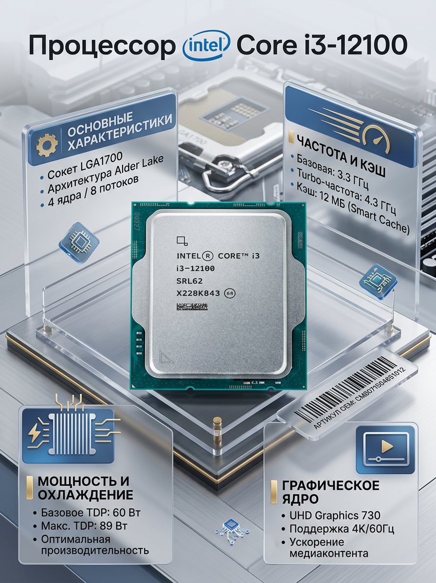 Процессор Intel Core i3-12100 (APU LGA1700, Alder Lake, 4C/8T, 3.3/4.3GHz, 12MB, 60/89W, UHD Graphics 730), CM8071504651012 OEM
