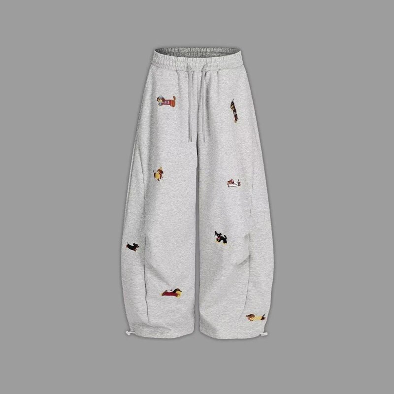 Мужские повседневные широкие брюки с вышивкой собаки, мешковатые уличные брюки в Белый, М, серый