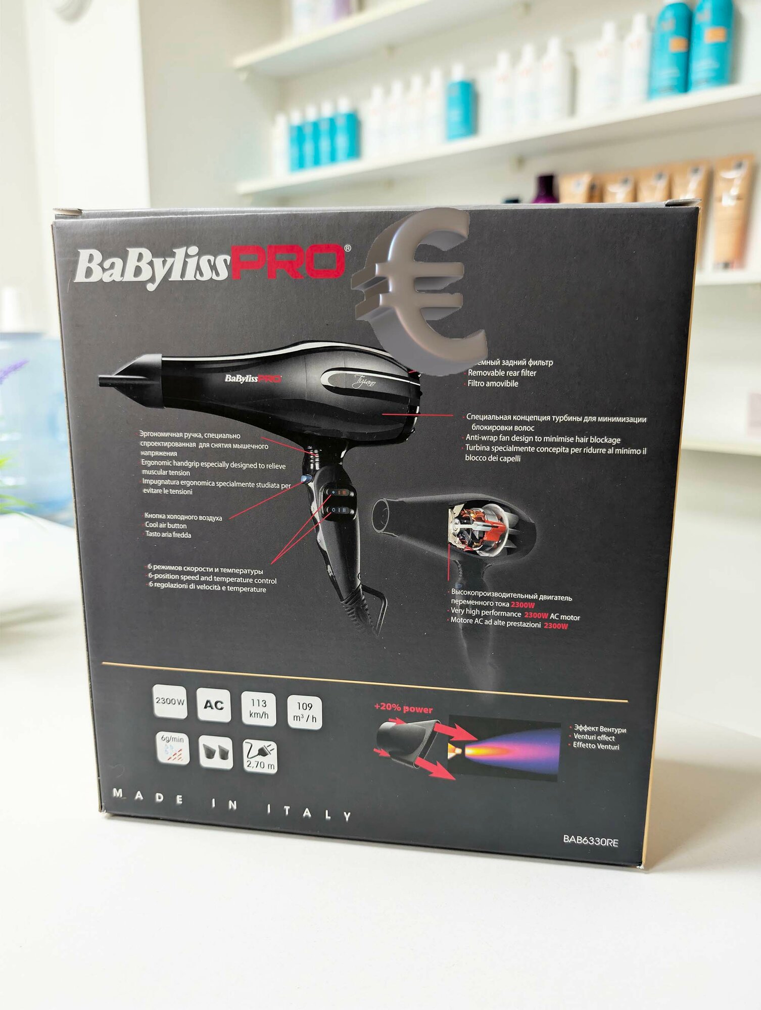 Фен для волос профессиональный BaByliss Pro Tiziano BAB6330RE 2300W с 2 насадками, черный (Италия)