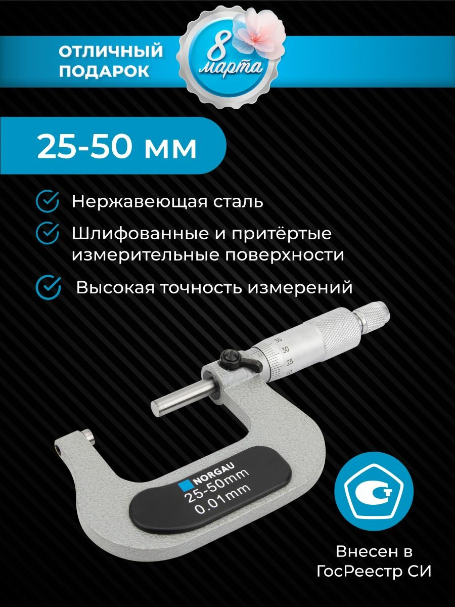 Микрометр гладкий NORGAU Industrial 25-50 мм, ГОСТ, Госреестр, с тонко притёртыми измерительными поверхностями