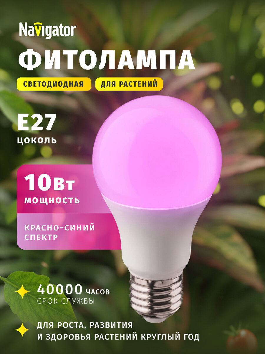 Фитолампа для растений Navigator 61 202 NLL-FITO-A60-10-230-E27, груша 10 Вт, Е27, 1 шт.