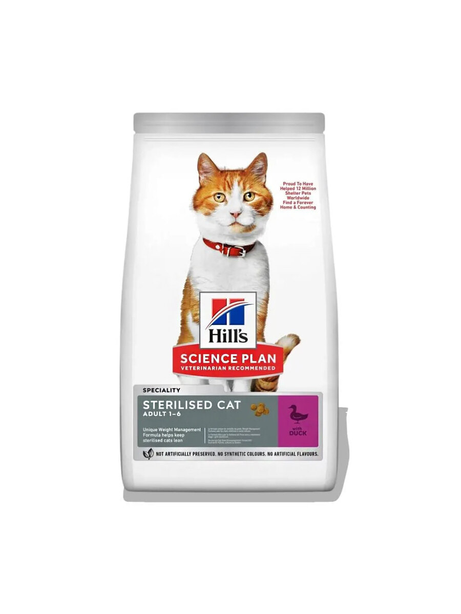 Сухой корм Hill's Science Plan Sterilised Cat Young Adult для стерилизованных кошек от 6 месяцев до 6 лет, утка, 1,5 кг