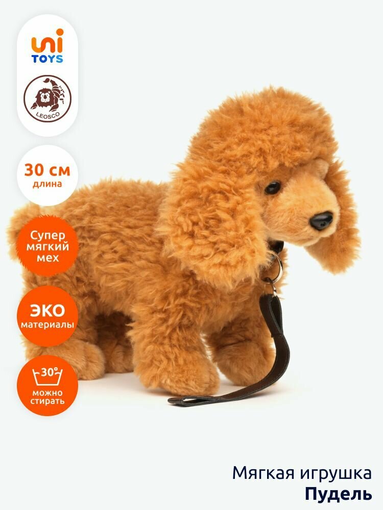 Leosco мягкая игрушка Пудель абрикосовый с поводком, длина 30 см, реалистичный дизайн