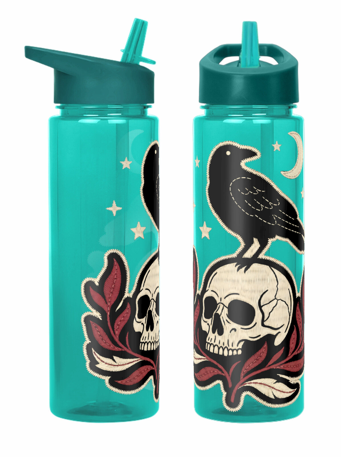 Бутылка бирюзовая для воды с принтом Ворон и череп