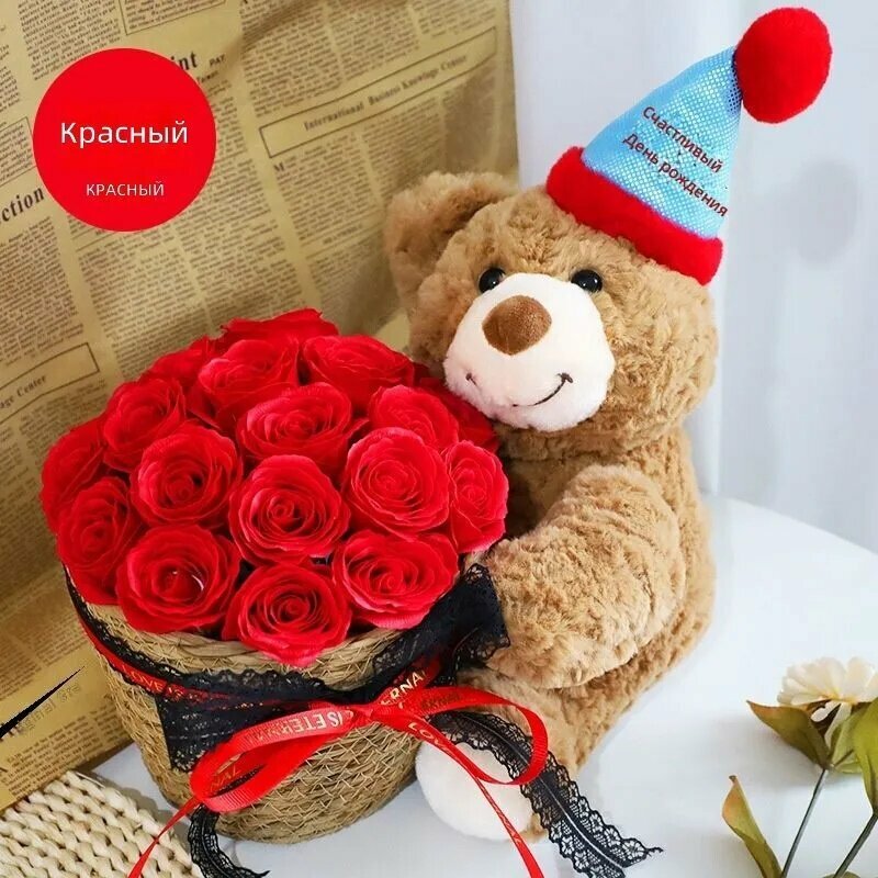 Подарочный набор с медвежонком и букетом роз XZH36, 21 цветок, красный