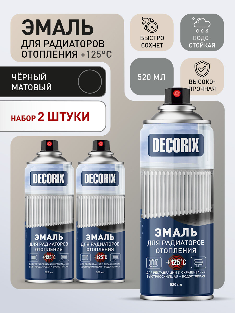Аэрозольная краска для радиаторов черная матовая DECORIX 520 мл термостойкая - высокопрочная эмаль для батарей моющаяся в баллончике - комплект 2 шт