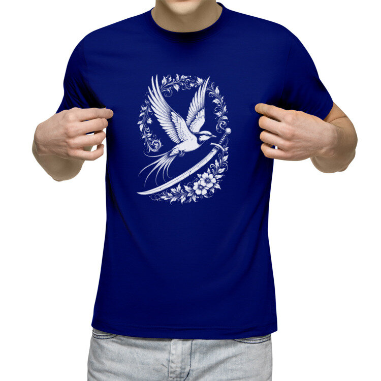 Мужская футболка «Ласточка над казачьим клинком» (синий, 2XL)