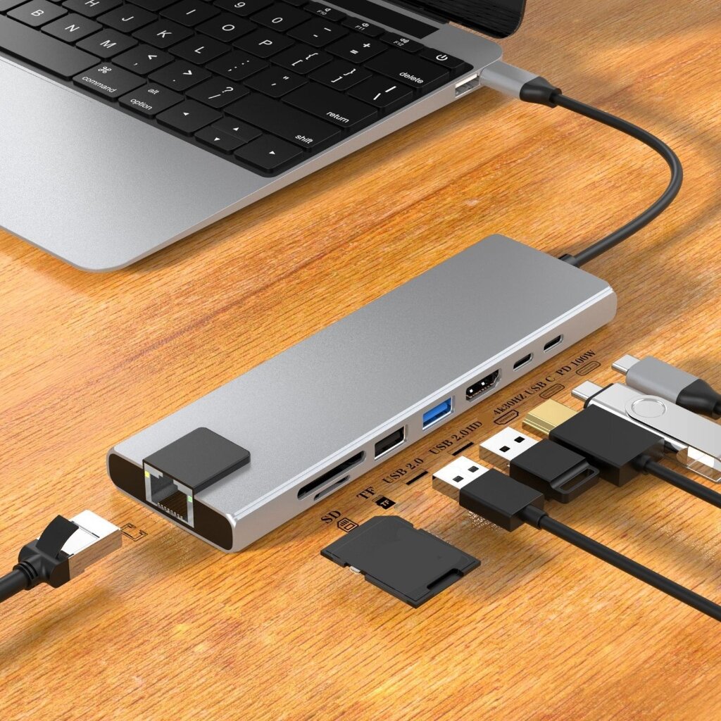 8 в 1, многопортовый адаптер USB C с выходом HDTV, USB 3.0, USB 2.0, PD100 Вт, Ri45
